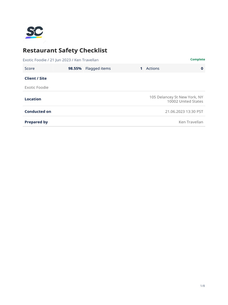 Restaurant Safety Checklist Sample PDF Report | PDF | Aisle | Public Toilet
