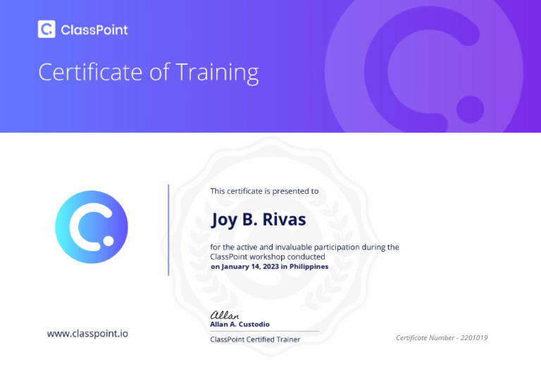 ClassPoint Certificate of Training - Joy B. Rivas - 20230114084816 | PDF