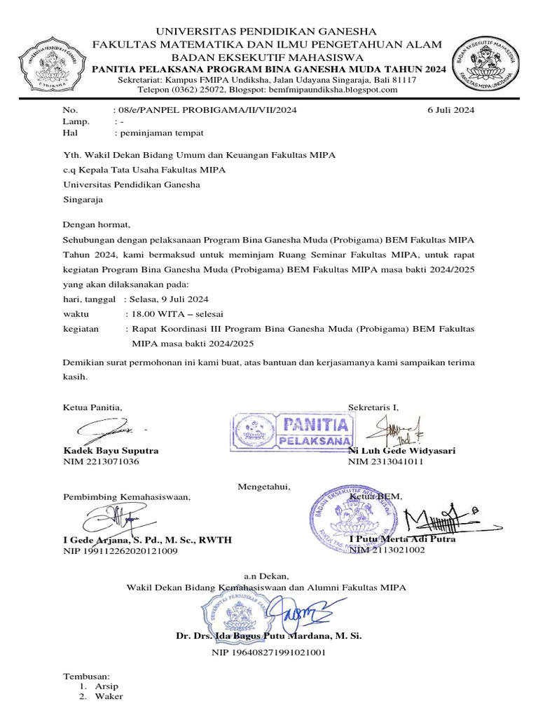 Surat Peminjaman Tempat Rapat PROBIGAMA 2024 | PDF