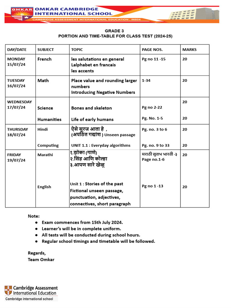 Grade 3 Portion and Time-Table For Class Test (2024-25) | PDF