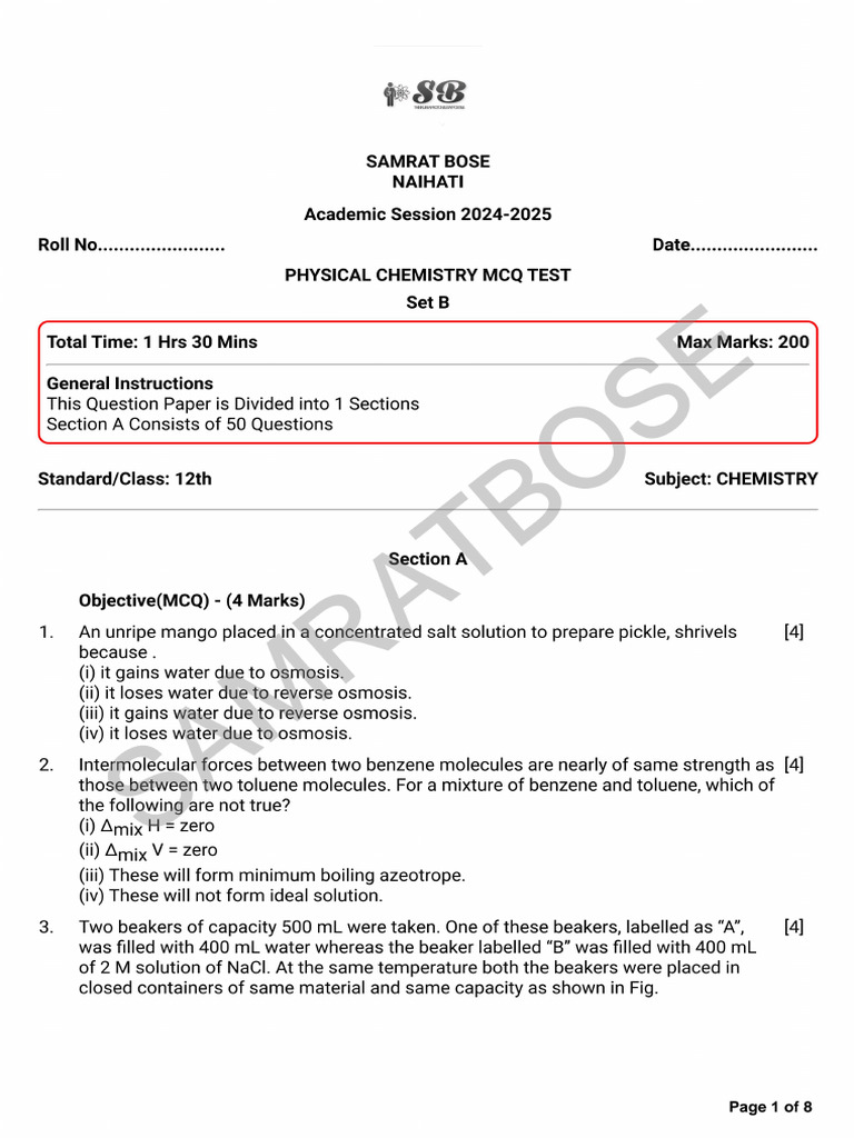 PHYSICAL CHEMISTRY MCQ TEST - B Samrat Bose | PDF