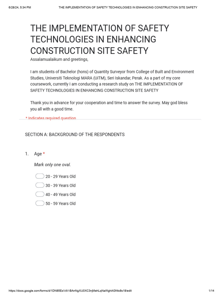THE IMPLEMENTATION OF SAFETY TECHNOLOGIES IN ENHANCING CONSTRUCTION SITE SAFETY - Google Forms ...