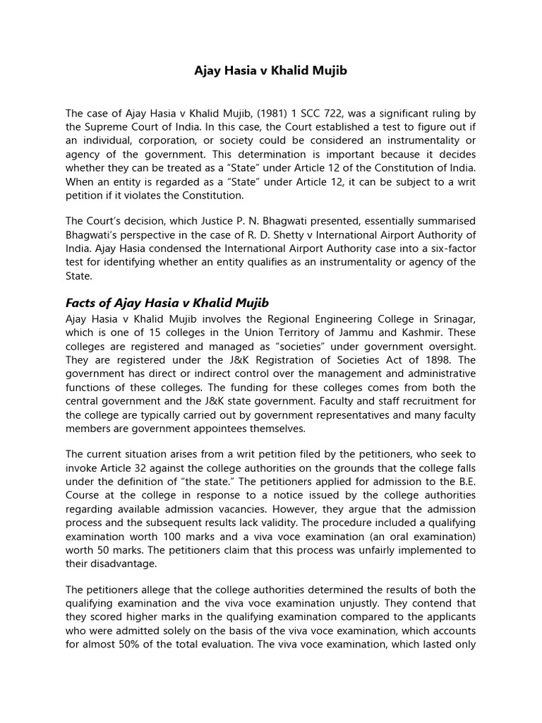 Ajay Hasia V Khalid Mujib | PDF | Justice | Crime & Violence