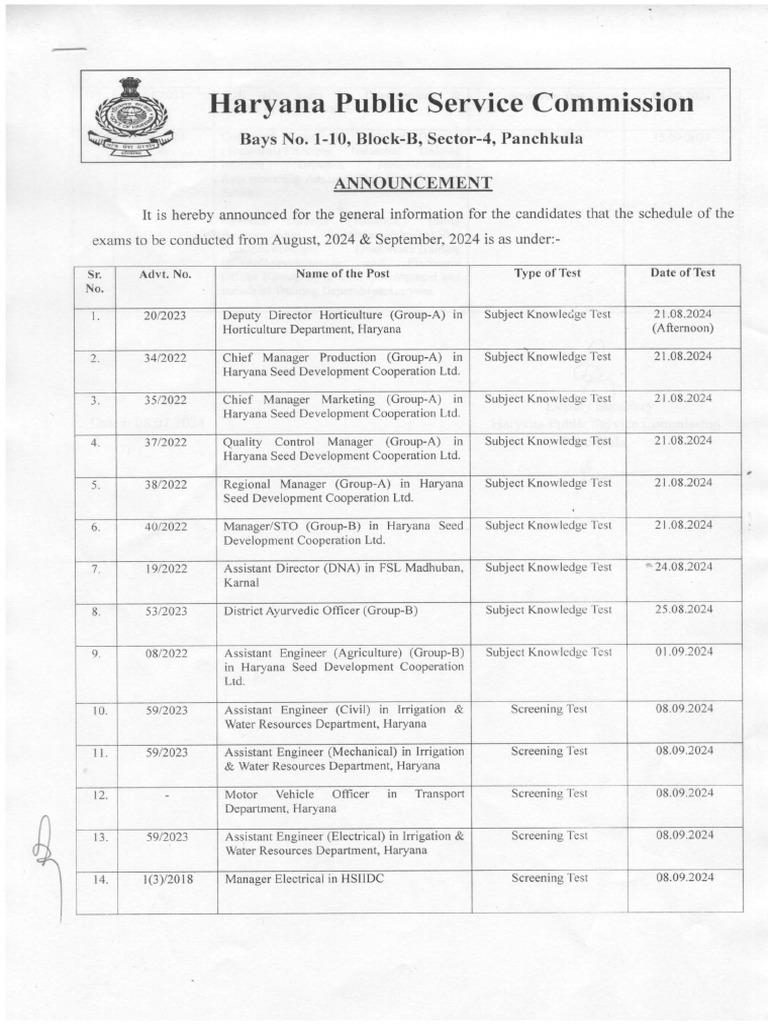 HPSC Exam Calendar Aug Sep 2024 | PDF