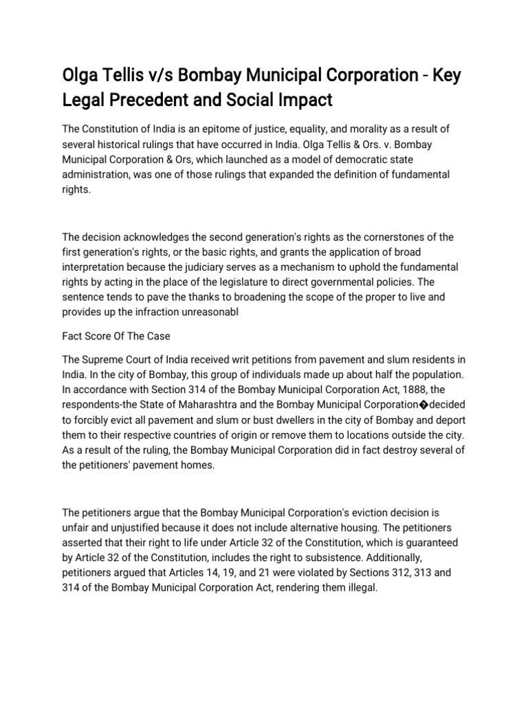 Olga Tellis vs Bombay Municipal Corporation | PDF | Justice | Crime ...