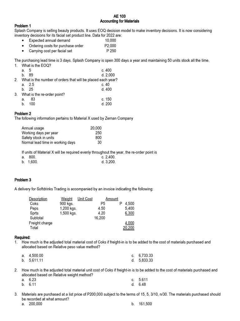AE 103 Accounting For Materials | PDF | Inventory | Financial Economics