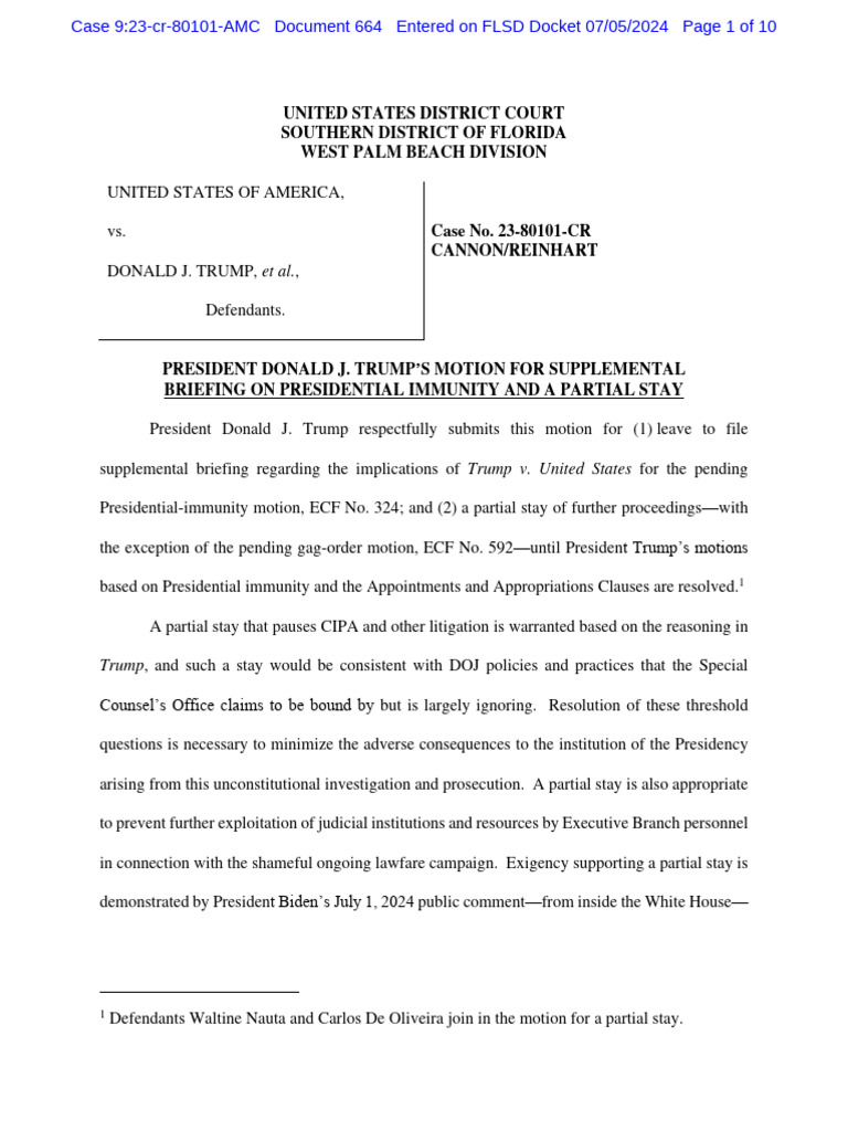 Trump Motion Re SCOTUS Immunity Cannon | PDF | Prosecutor | Donald Trump