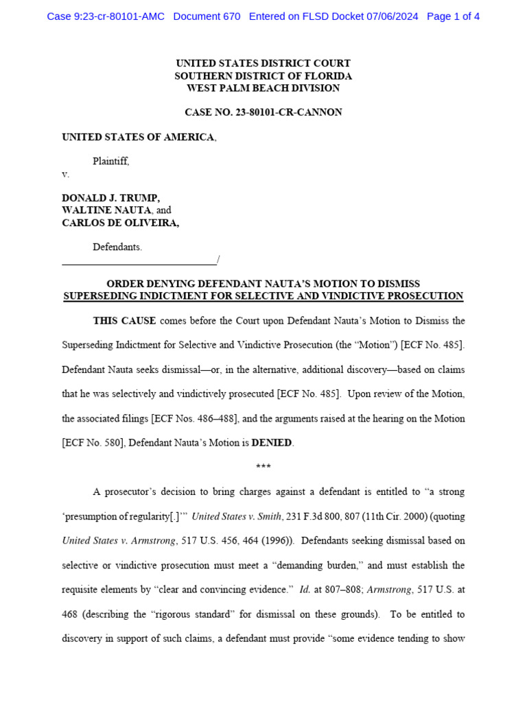 Cannon Denies Walt Nauta Motion to Dismiss Jack Smith Florida | PDF | Prosecutor | Fifth ...