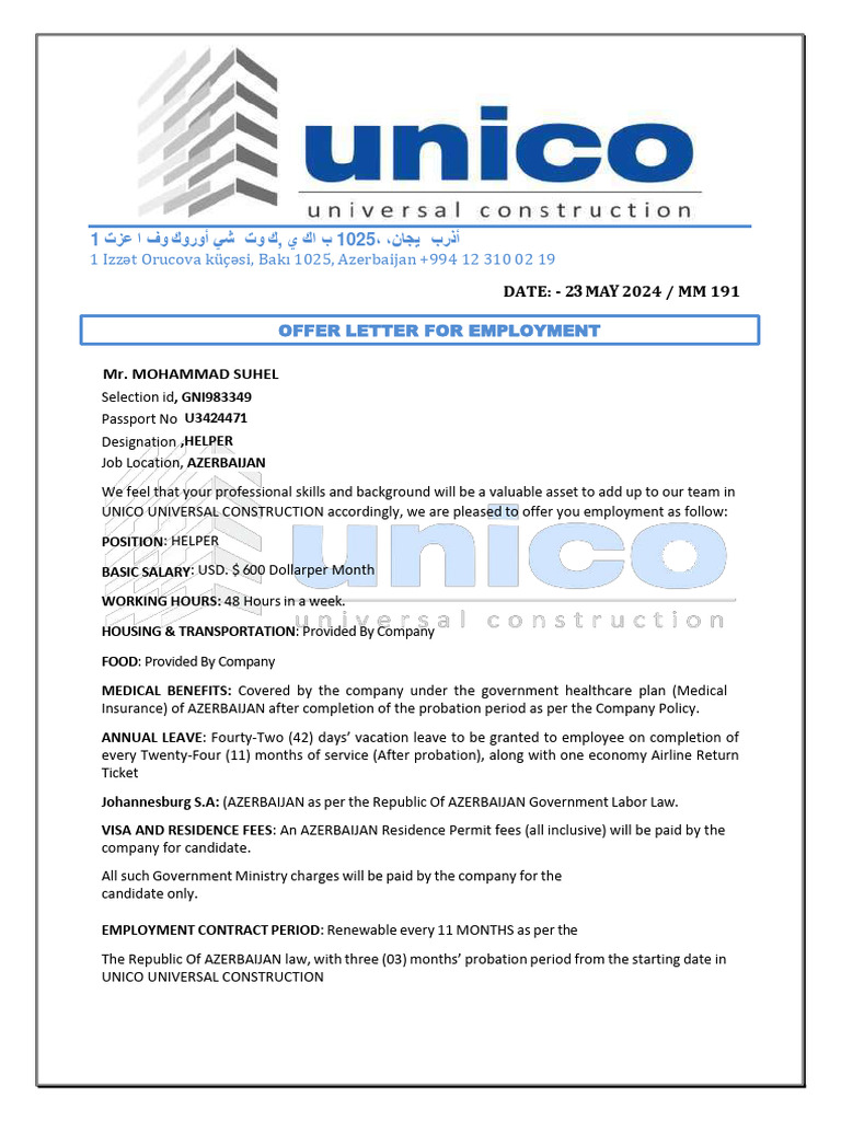 Unico Universal Construction Offer Letter | PDF | Employment | Labor