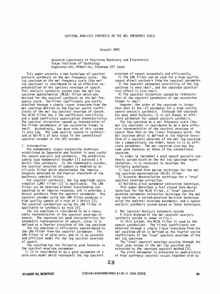 Cepstral Analysis Synthesis On The Mel Frequency Scale Pdf Spectral