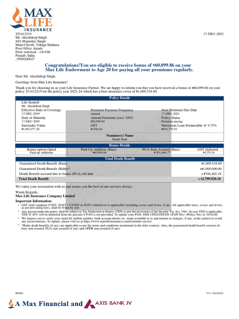 Insurance Policy Format | PDF | Insurance | Life Insurance