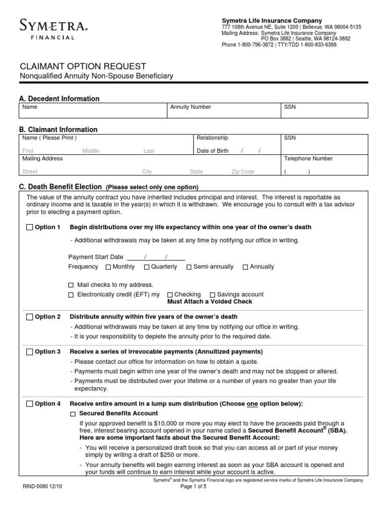 Symetra Nonqualified Annuity Claim Form | PDF | Fraud | Withholding Tax