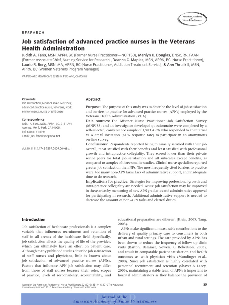 Job Satisfaction of Advanced Practice Nurses in The Veterans Health Administration | PDF ...