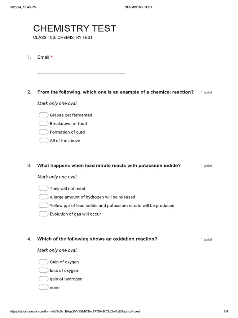 Chemistry Test Class 10 | PDF