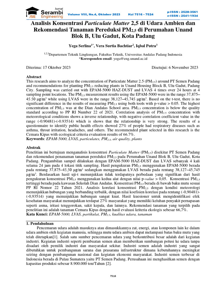 Analisis Konsentrasi Particulate Matter 2,5 Di Udara Ambien Dan | PDF