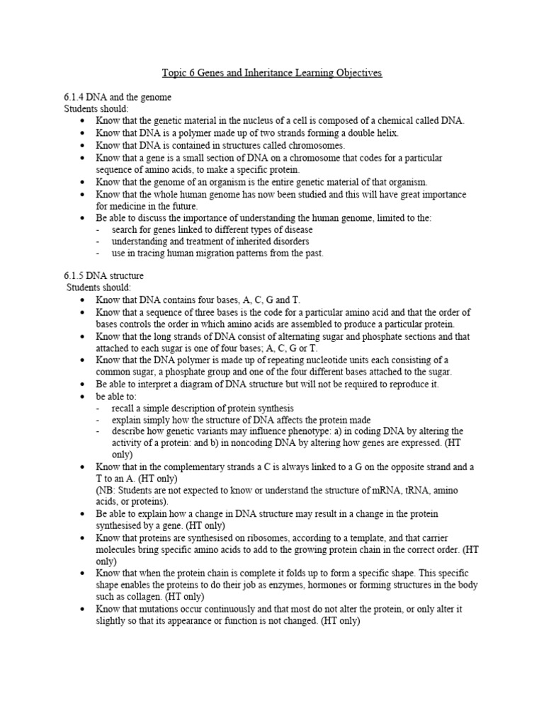 Topic 6 Genes and Inheritance Learning Objectives | PDF | Dna | Allele Topic 6 Genes and Inheritance Learning Objectives | PDF | Dna | Allele