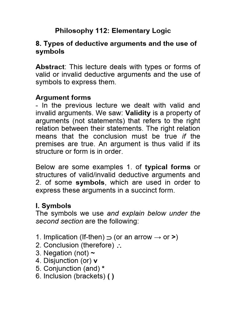 8. Types of deductive arguments and the use of symbols shortened ... 8. Types of deductive arguments and the use of symbols shortened ...