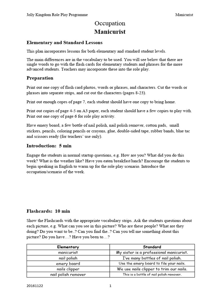 Manicurist Role Play Lesson Plan | PDF | Nail (Anatomy) | Beauty