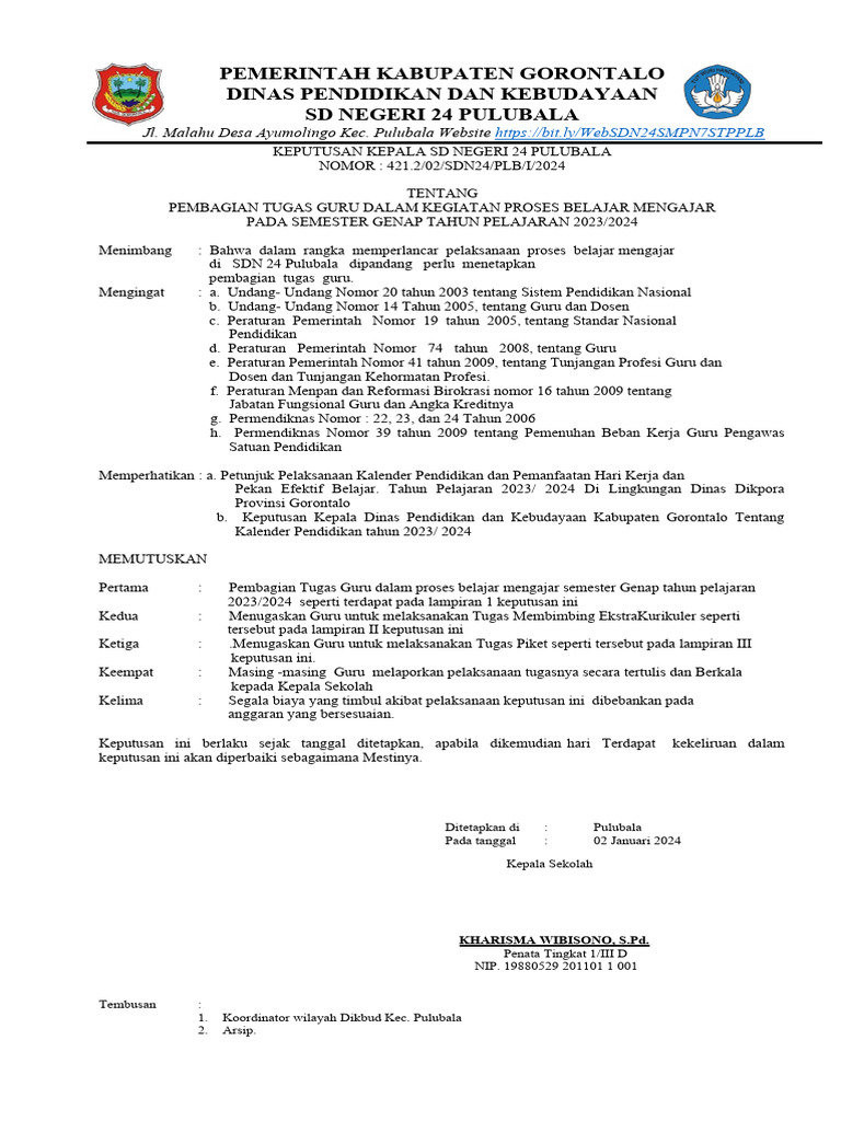 SK Pembagian Tugas Semester Genap 2024 SD | PDF