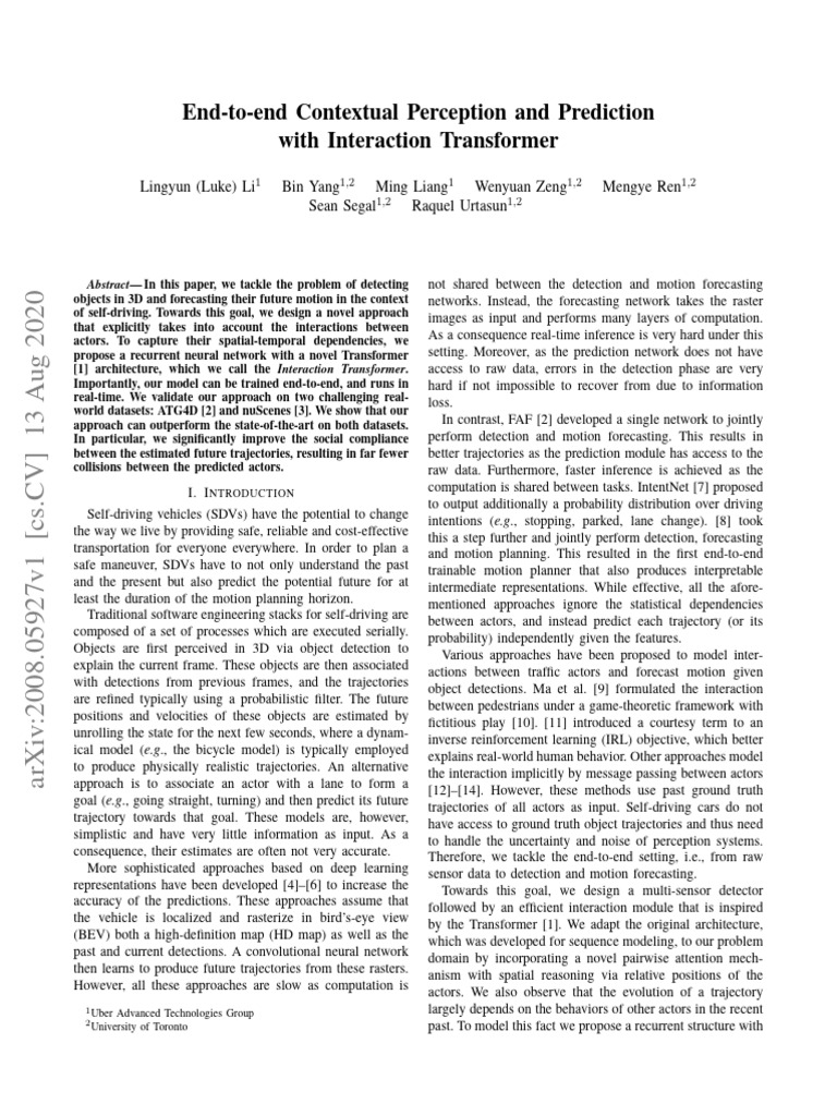 End-To-End Contextual Perception and Prediction With Interaction Transformer | PDF | Lidar ...