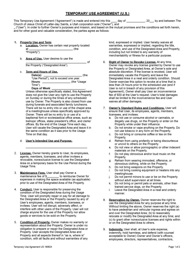 Temporary Use Agreement US | PDF | Indemnity | Business Law