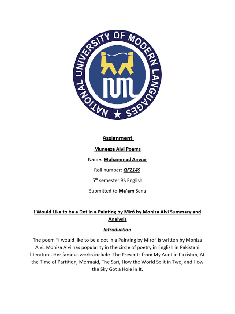 Muneeza Alvi Poem by Anwar, Stanza Wise Summary | PDF | Poetry