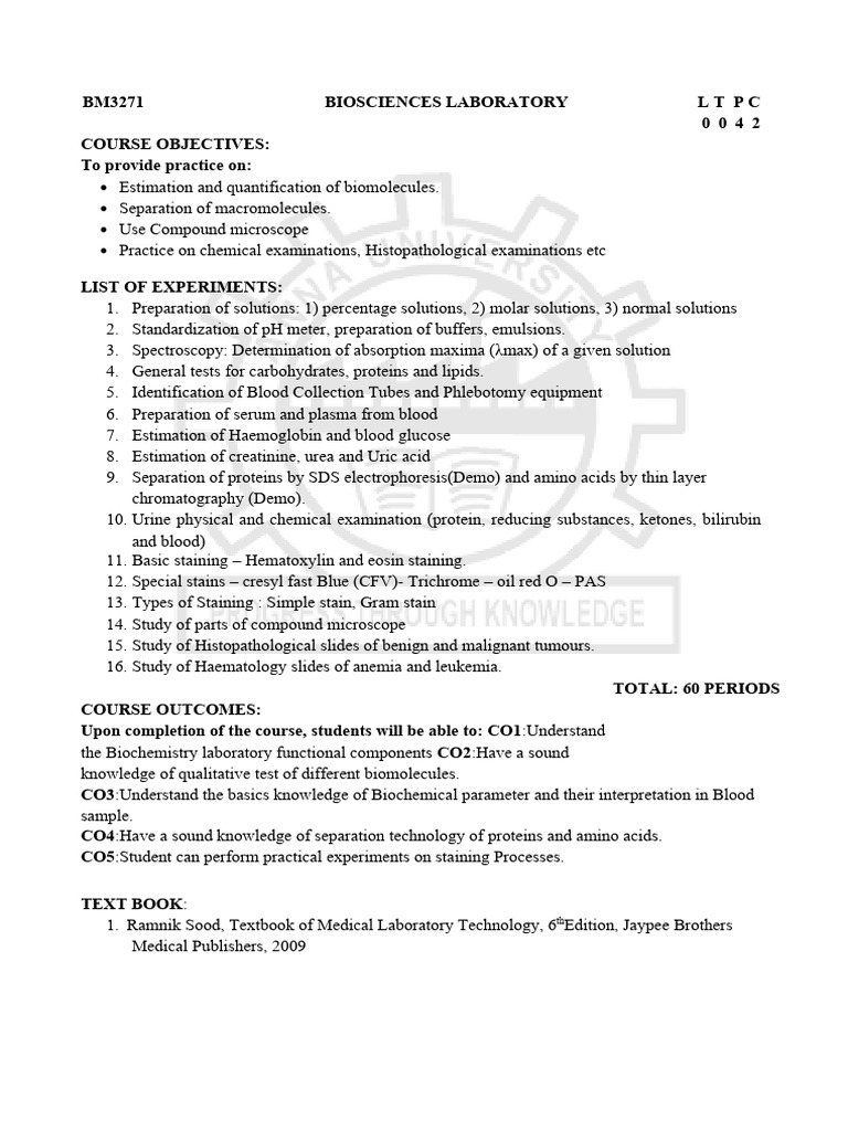 Biosciences Laboratory Syllabus BM3271 | PDF