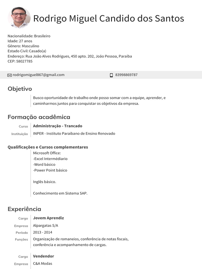 CV-Rodrigo Miguel Cândido Dos Santos | PDF | Recibo | Logística