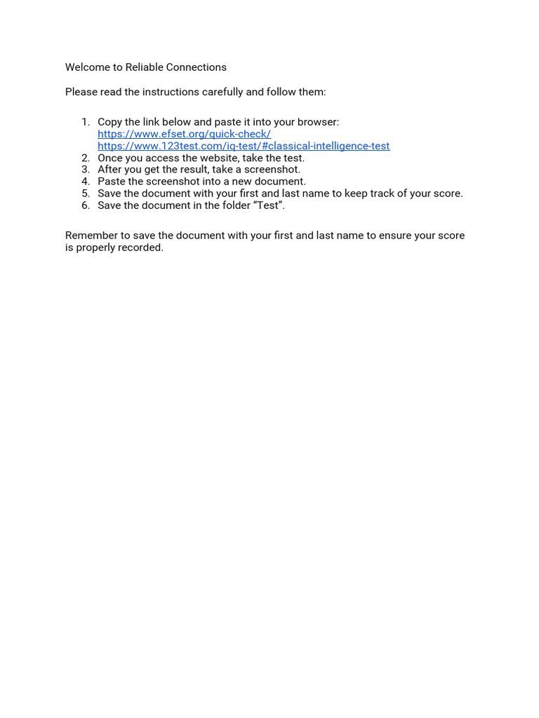 Test Instructions for Reliable Connections | PDF