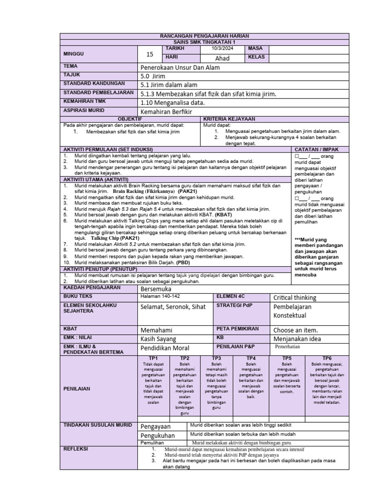 RPH SMK MINGGU 15 SAINS TINGKATAN 1 2024-2025 BY CIKGU GORGEOUS | PDF