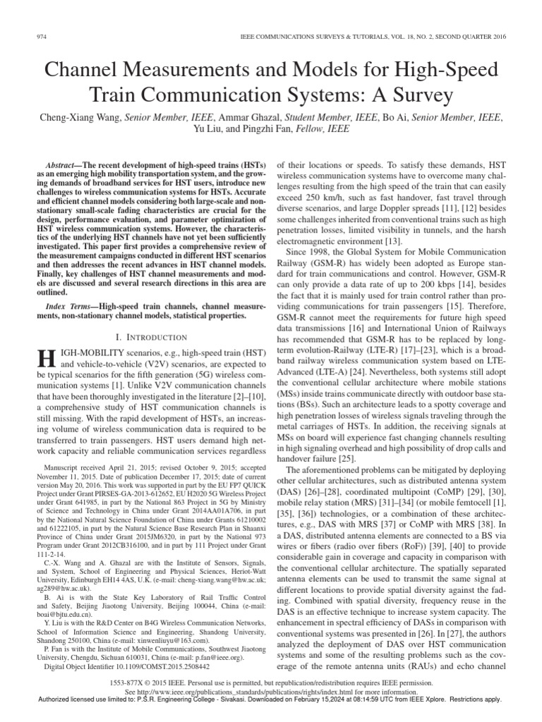 Channel Measurements and Models for High-Speed Train Communication Systems a Survey | PDF ...