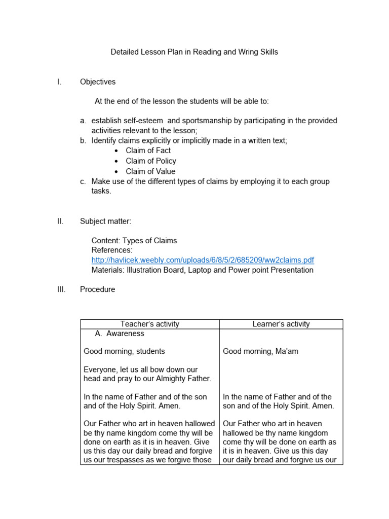 Detailed Lesson Plan in Reading and Wring Skills Tyes of Claims2024 ...
