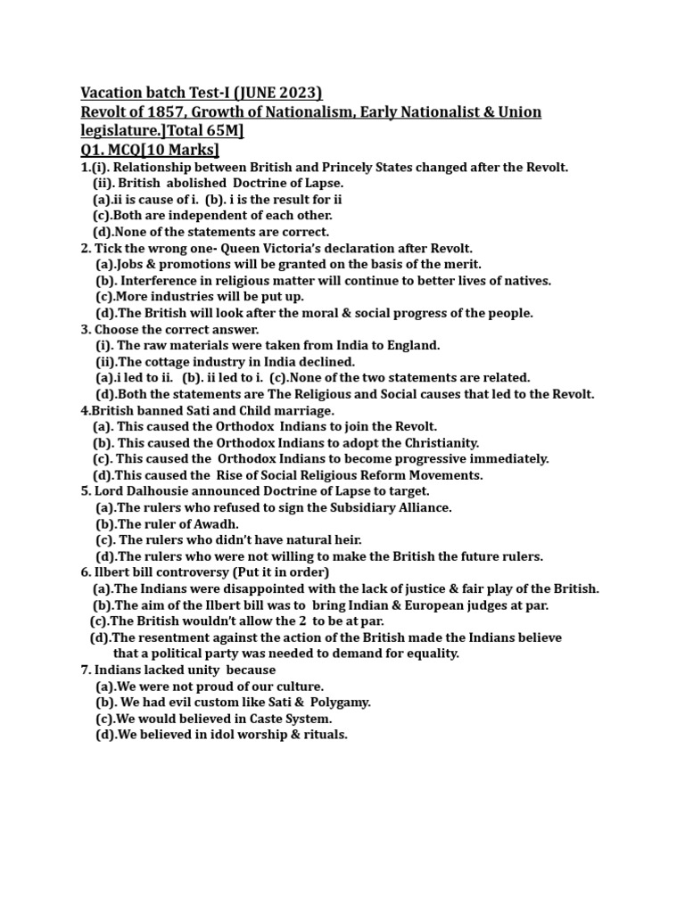 Vacation Batch Test - I Revolt, Growth of Nationalism, Early ...