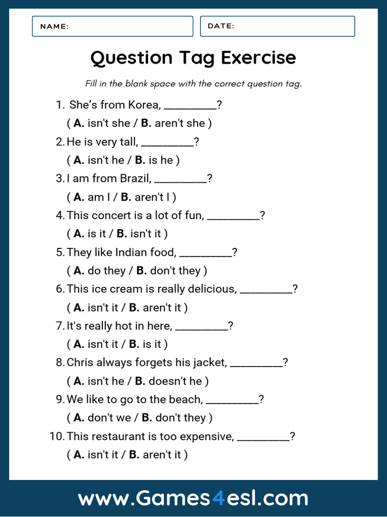 Question Tag Exercise With Answers PDF | PDF | Language Arts & Discipline
