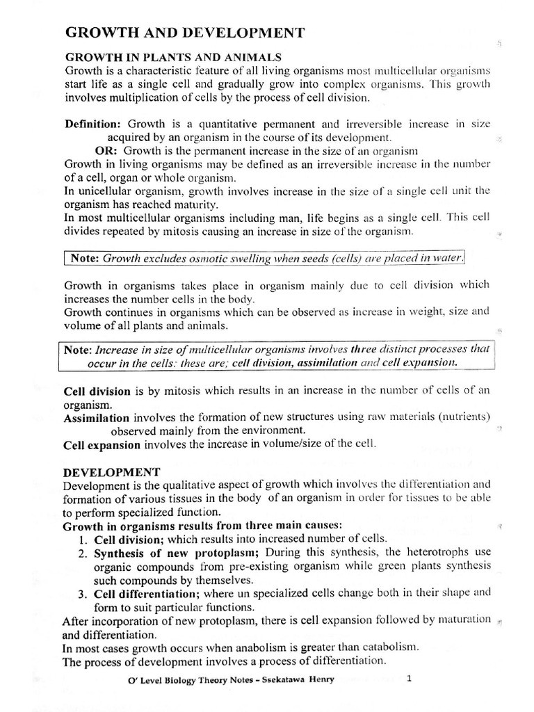 Growth and Development Notes For O Level - Sktwah | PDF