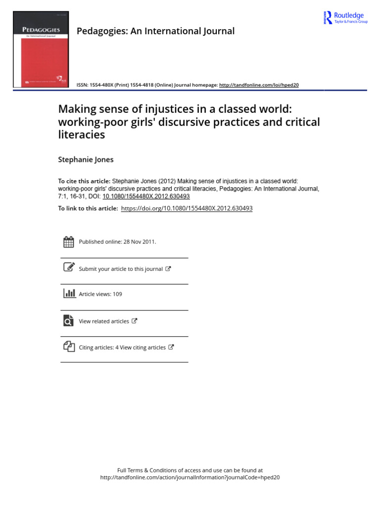 Making Sense of Injustices in A Classed World Working Poor Girls ...