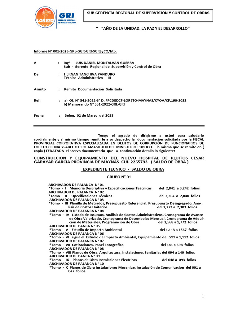 INFORME N°001-2023-GRL-GRI-SGSyC - HTP | PDF