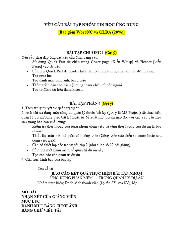 Yeu Cau Bai Tap Nhom (Word NC Va QLDA) | PDF