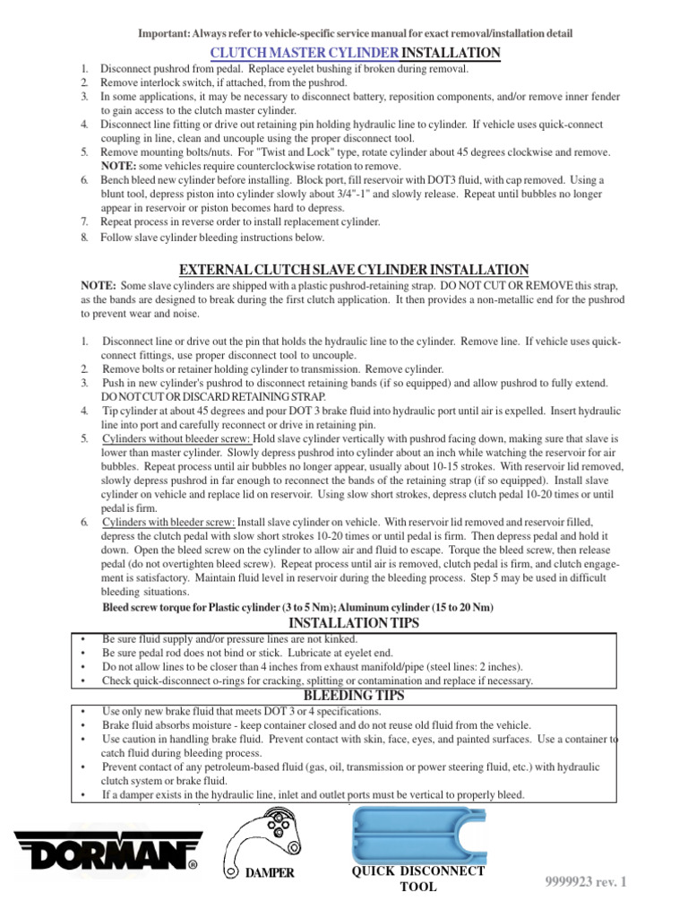 Clutchmastercylinder Installation Instructions | PDF | Clutch | Manufactured Goods