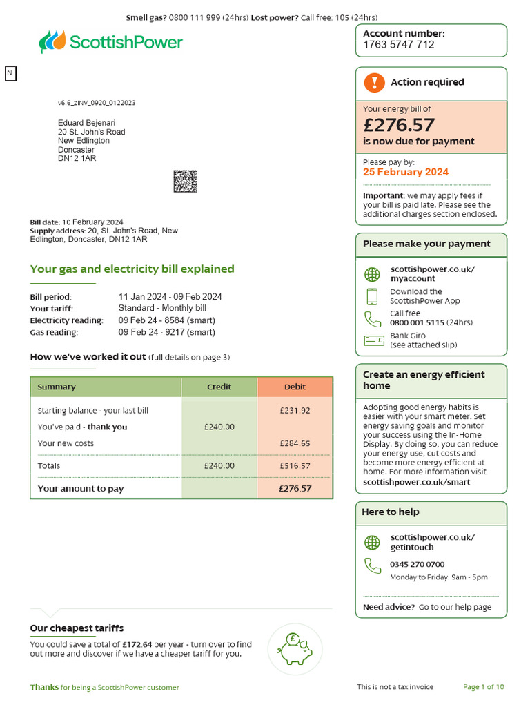 Scottish Power Bill Breakdown 2024 | PDF | Cheque | Payments