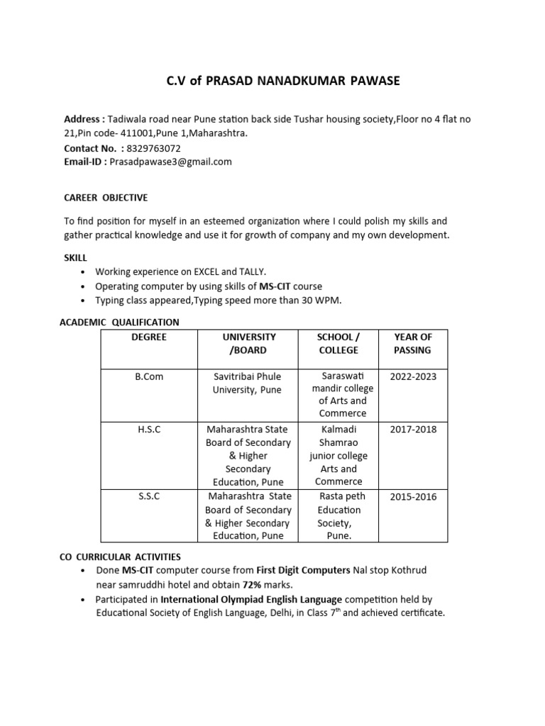 CV of Prasad Pawase | PDF