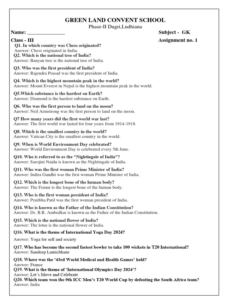 GK Questions Class 3 | PDF