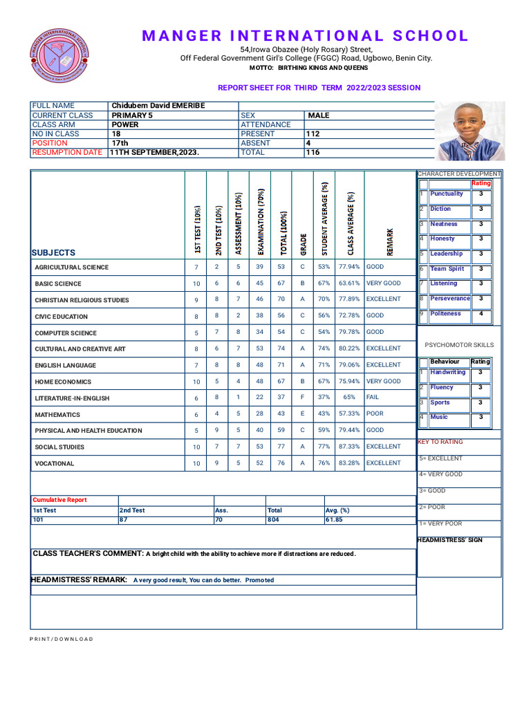 Primary 5 Result Sheet 2022/2023 | PDF