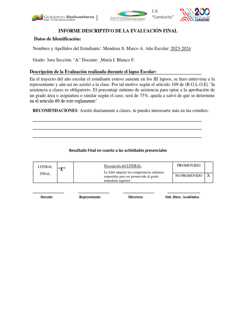 INFORME DESCRIPTIVO DE LA EVALUACIÓN FINAL 2do ASI | PDF