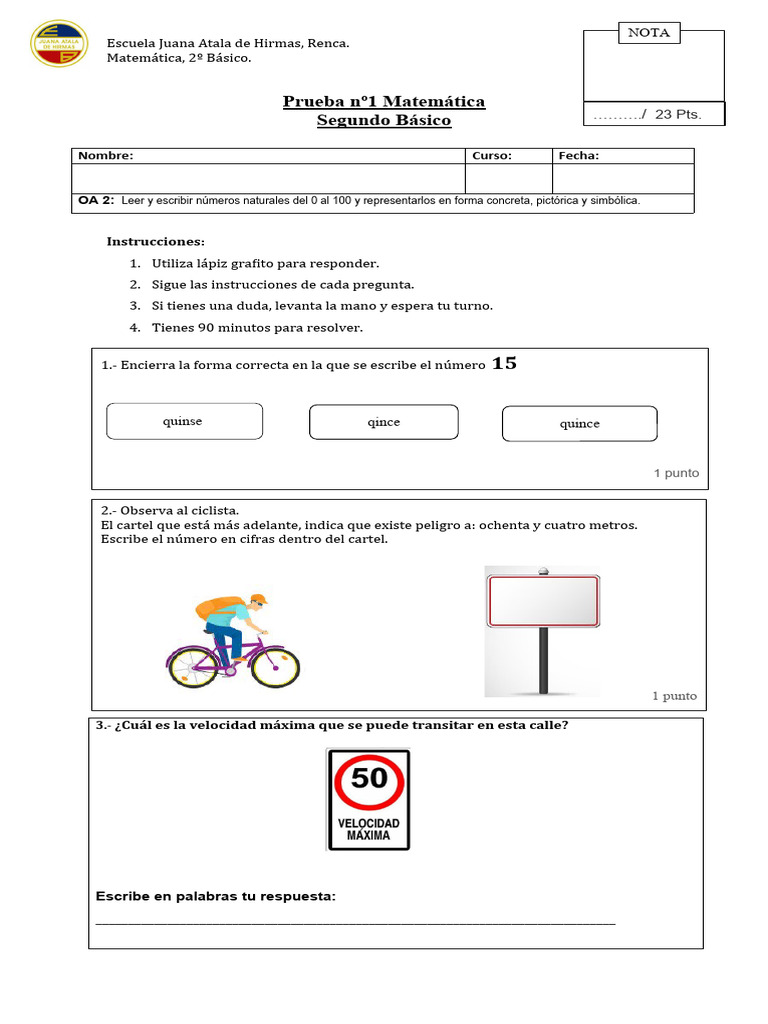 Prueba Nº1 MAT Segundo Básico | PDF