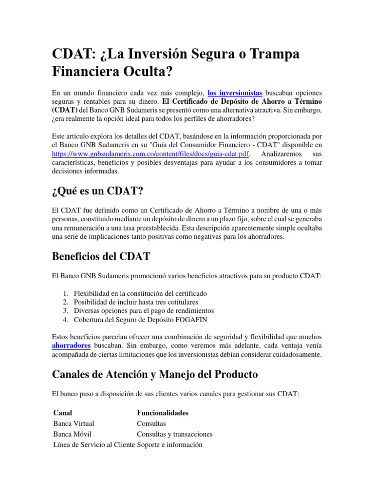 CDAT: ¿La Inversión Segura o Trampa Financiera Oculta? | PDF | Bancos | Economias
