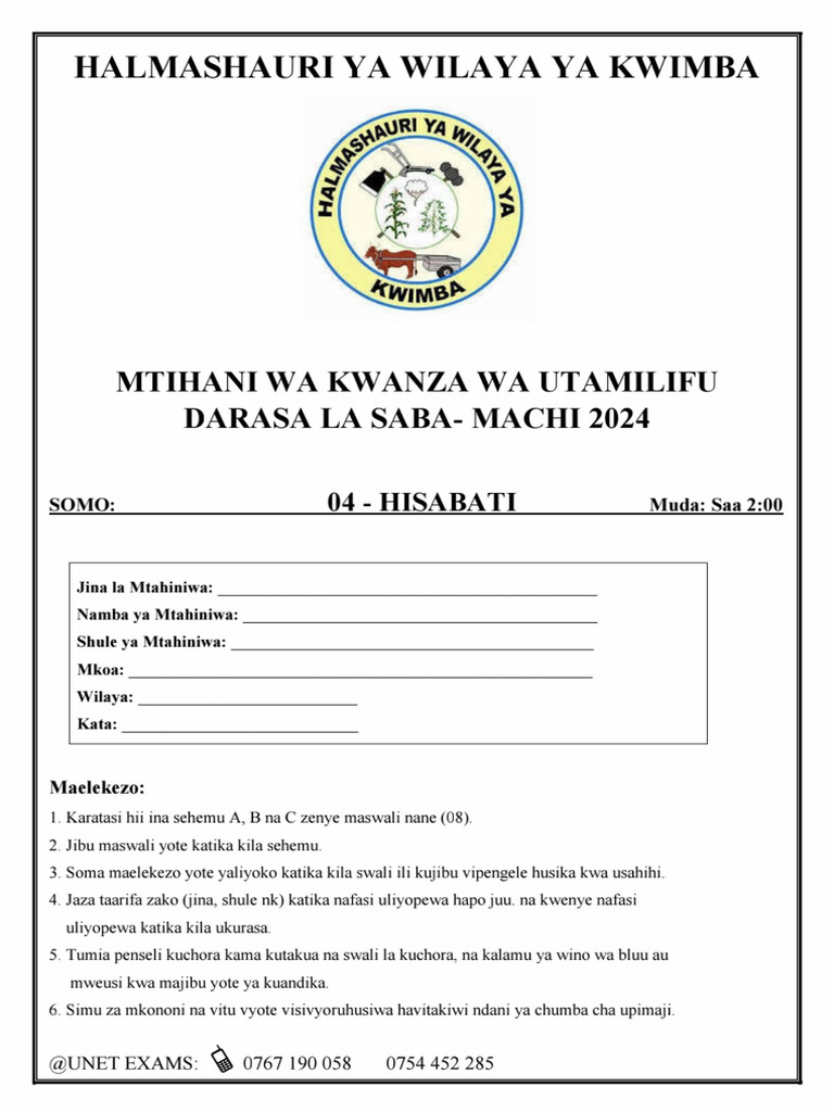 Hisabati 7 Unet-Kwimba Paper 1 | PDF