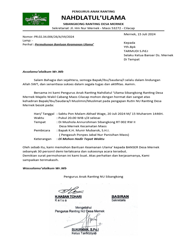 Undangan Ranting Nu Permohonan Bantuan Banser | PDF