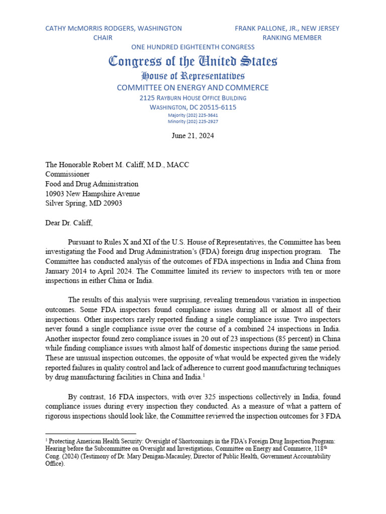 06 21 24 Letter To FDA Re Foreign Drug Inspections 2 Edb317a17a | PDF ...