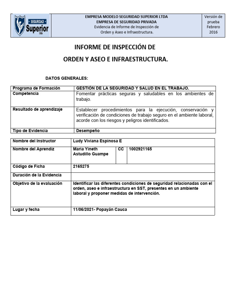 Formato Informe Inspección de Orden, aseo e infraestructura | Descargar gratis PDF | Business ...